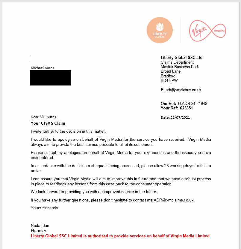 21 July 2021- Virgin Media - Update